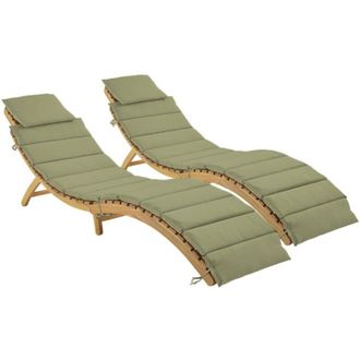 Sweeek Lot de 2 bains de soleil en bois dacacia LAURE avec coussin kaki en polyester. 184 x 55 x 63.5 cm