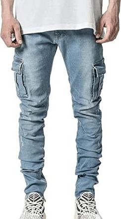 ORANDESIGNE Cargo Jean Skinny Détruit pour Hommes, Pantalon Extensible en Denim Stretch Coupe Slim Décontracté avec Trous Déchirés Coleur Unie Pantalon de Travail