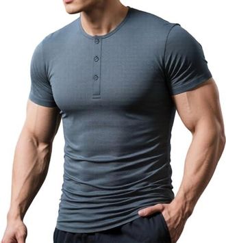 Generic Henley Chemise extensible l&eacute;g&egrave;re &agrave; manches courtes pour homme Couleur unie Classique Coupe ajust&eacute;e Polyvalente D&eacute;contract&eacute;e Sports de plein air Gym En