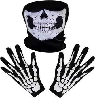 Tatuo Gants Squelette Blanc et Masque de Crâne Os Fantômes pour Soirée Costumée Halloween dAdulte (1)