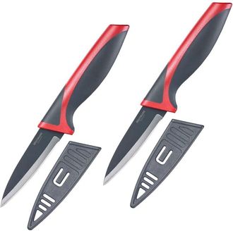 Westmark 2 Schäl-/Gemüsemesser, Klingenlänge: 8 cm, je mit Klingenschutz, Rostfreier Edelstahl/Kunststoff, Anthrazit/Rot, 145222E3