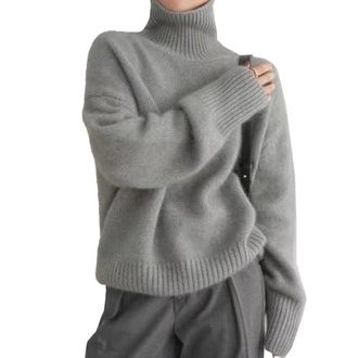 Generic Pull &agrave; col roul&eacute; pour femme, pull &eacute;l&eacute;gant en tricot d&eacute;contract&eacute; &agrave; &eacute;paules tombantes, couleur unie, pull &agrave; manches longues et col haut, gris, XL