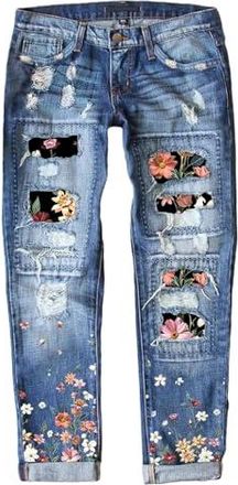 Generic Jean pour femme UK - Jean skinny d&eacute;chir&eacute; &agrave; carreaux avec trou d&eacute;chir&eacute; pour femme - Patch &agrave; carreaux Boyfriend UK - Jambe droite noire - Avec poches - 