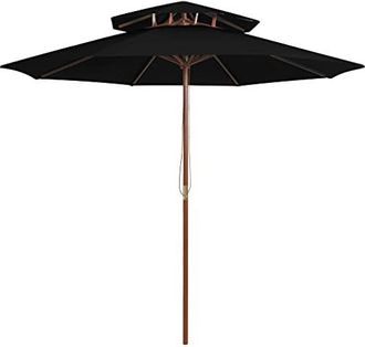 vidaXL Parasol à Deux Étages avec Mât en Bois, Pare-soleil de Patio, Abri de Soleil, Parasol de Plage Jardin Terrasse Balcon, Noir 270 cm