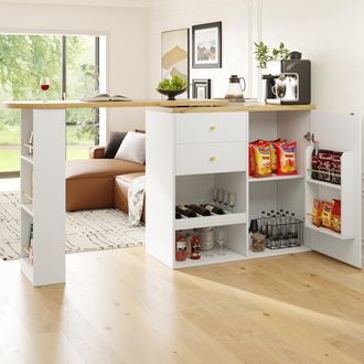 Merax Ausziehbarer Bartisch mit Stauraum, Um 360&deg; drehbarer Beweglicher Bartisch K&uuml;cheninsel mit 2 Schubladen und Schiebet&uuml;rschrank, 3 Ebenen offener Staura