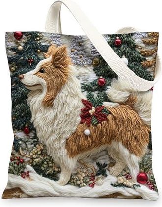 Generic Sac fourre-tout en toile r&eacute;utilisable motif chien de berger Shetland de No&euml;l pour faire du shopping, 33 x 38,1 cm, sac d&eacute;picerie r&eacute;utilisable pour fem