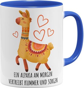 OM3 lustige Kaffee-Tasse mit Spruch - EIN Alpaka am Morgen vertreibt Kummer und Sorgen - Statement - Spruchtasse - Keramik Becher - 11oz 325ml - Beidseiti