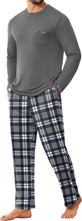 Ekouaer Herren Schlafanzug Lang - Nightwear Set Rundhals Nachtwäsche Langarmshirt und Pyjamahose für Männer, Dunkelgrau, L