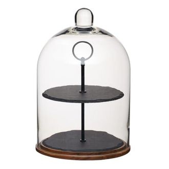 Artes&agrave; Artes&agrave; Cloche En Verre Pour La Pr&eacute;sentation Et Le Stockage Des Aliments, Avec Plateaux En Ardoise Et Base En Bois, 22 X 31 cm - Noir/Verre Clair/Bois