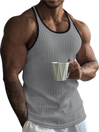 Generic Débardeur de sport rayé uni pour homme - Simple sans manches - Coupe ajustée - Débardeur de gym confortable - Pour entraînement de musculation, course