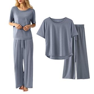 Generic Ensemble de pyjama 2 pièces pour femme 225 - En soie glacée solide - Col en V - Haut à manches courtes et pantalon large - Ensemble de vêtements de nu