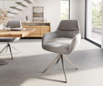 DELIFE Esszimmerstuhl Yago-Flex mit Armlehnen Samt Grau Kreuzgestell breit Edelstahl Taschenfederkern, Esszimmerstühle