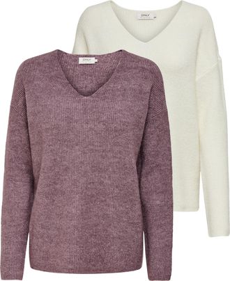 Only Damen ONLCAMILLA V-Neck Strickpullover 2-Pack, Rose Brown Melange/Birch Melange, XXXL