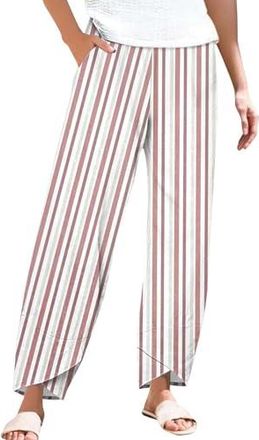 Generic Pantalon Femme Large en Lin D&eacute;contract&eacute; Fluide Pantalon en Lin Ray&eacute; pour Femme D&Eacute;t&eacute; D&eacute;contract&eacute; &Agrave; Jambes Larges avec Poches Court Yoga L&eacute;ger Baggy Lin