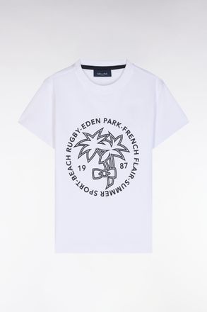 Eden Park T-shirt En Coton Blanc S&eacute;rigraphie Palmier Marine Coupe Droite