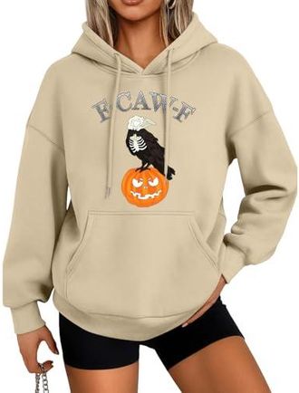 Generic Sweat &agrave; capuche dHalloween pour femme | Crow Pumpkin - Pull &agrave; capuche &agrave; manches longues pour lautomne et lhiver | pour les voyages, Couleur cr&egrave;me., 3X