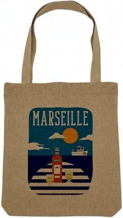 Fabulous Sac Shopping Tote Bag Aspect Lin - Marseille Pastis Port Ville France Soleil Voyage - Sac de Courses Toile Epaisse 360g Beige Naturel Cabas Port&eacute; Epau