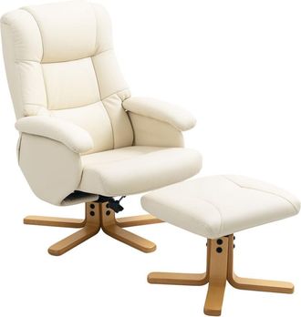 HOMCOM Homcom - Fauteuil relax inclinable pivotant avec repose-pied pi&egrave;tement bois clair synth&eacute;tique cr&egrave;me
