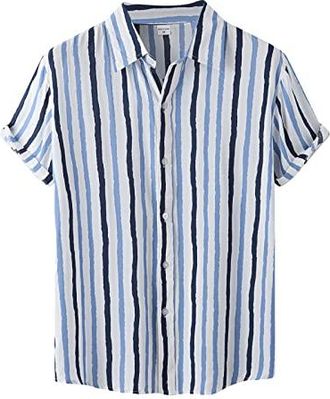Generic Chemise &agrave; manches courtes pour hommes : chemise d&eacute;t&eacute; &agrave; rayures imprim&eacute;e chemise d&eacute;contract&eacute;e boutonn&eacute;e chemise de plage avec col rabattu t-shirt cardi