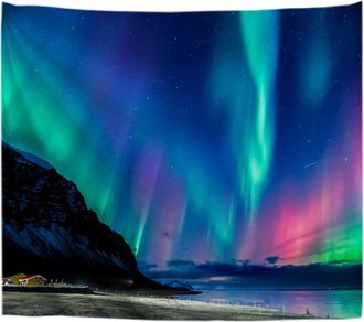 A.Monamour Wandteppiche Wanddekor Bunte Polarer In Island Bild Stoff Wandtuch Wandbehang Wandkunst Wandbilder für Schlafzimmer Schlafsaal Wohnzimmer 130x153cm