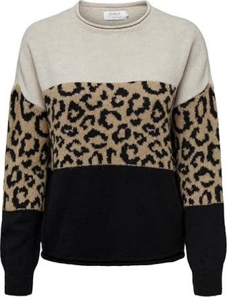 Only Only Pull pour Femme Onljade Animal LS Col en O CC KNT, Moonbeam/Motif : Noir et Coco grill&eacute;, Taille S, Moonbeam/Pattern:Black/Toasted Coconut, S