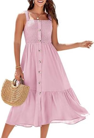 Grace Karin Robe dété décontractée pour femme, coupe trapèze, col carré, boutonnée, longue sans manches, style bohème, bretelles spaghetti, robe de plage fluide, 