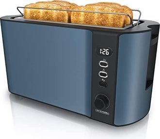 Arendo Edelstahl Toaster Langschlitz 4 Scheiben - Defrost Funktion - w&auml;rmeisolierendes Geh&auml;use - mit integrierten Br&ouml;tchenaufsatz - Kr&uuml;melschublade - Display
