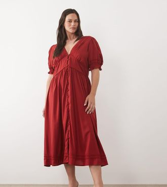 Nobody's Child Robe mi-longue boutonn&eacute;e &agrave; col en V et manches bouffantes - Rouge