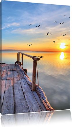 Pixxprint Steg mit Möwen bei Sonnenuntergang als, Größe: 120x80cm, Leinwandbild, fertig gespannt, Wandbild, Dekoration, Kunstdruck, kein Poster