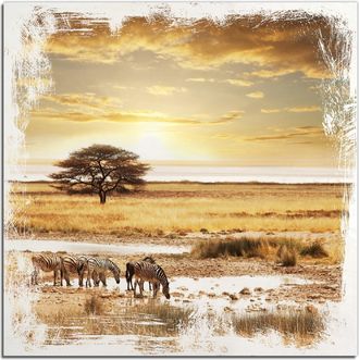 Wallario Wandbild aus Holz Safari in Afrika eine Herde Zebras am Wasser - 40 x 40 cm in Premium-Qualität: Brillante Farben