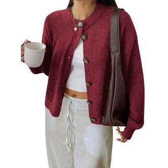 Generic Cardigan tricot&eacute; en cachemire, chandails en tricot cachemire vintage pour femmes, cardigan court boutonn&eacute; sur le devant, pull doux &agrave; col rond, bordeau