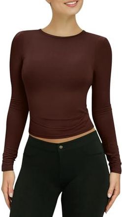 Generic Hauts en coton pour femme - Haut &agrave; manches longues en coton - D&eacute;contract&eacute; - Couleur unie - Col rond - Coupe ajust&eacute;e - Pull extensible et l&eacute;ger, marron