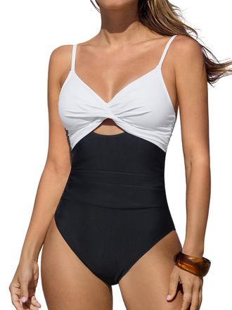 Cupshe Cupshe Einteiliger Badeanzug f&uuml;r Damen, gedrehter Frontausschnitt, verstellbare Tr&auml;ger, ger&uuml;schte Bademode, Schwarz/Wei&szlig;, Medium