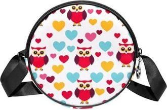 Generic Petit sac &agrave; bandouli&egrave;re rond pour femme, motif hiboux, coeurs, sac &agrave; dos avec fermeture &eacute;clair, bretelles r&eacute;glables, sac &agrave; main rond d&eacute;contract&eacute; pour 