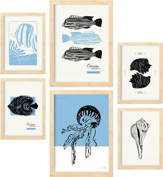 Nacnic Set mit 6 Postern in schwarzer Tinte. Meerestiere. Kunstdrucke von Meer und Ozean für Innenarchitektur und Dekoration. A3 & A4 Holzfarbe Rahmen