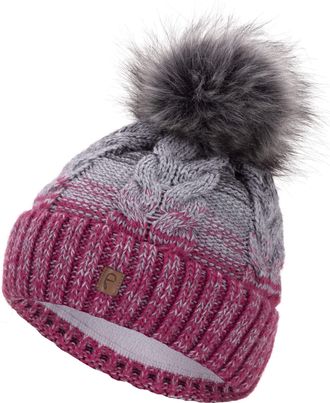 Faera Winterm&uuml;tze M&uuml;tze Damen warm gef&uuml;ttert mit Kunstfell Bommel-M&uuml;tze Fleecefutter Winter Strickm&uuml;tze Beanie, Farbe:Lila