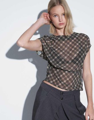 Motel Zayla Chiffon-Top mit Vintage-Karo als Kombiteil in Oliv-Multi