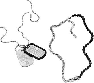 Diesel Herren Font Halskette aus silberfarbenem Edelstahl, Set