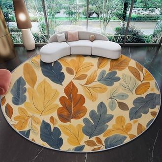 Generic Tapis Rond Salon Diamètre 180 cm, Simple Lignes de Feuilles Plantes Imprimé Crème Tapis de Sol Décoration Antidérapant pour Salon Chambre Cuisine Balc