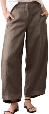 Generic Pantalon d&eacute;t&eacute; &agrave; jambe large pour femme - Taille haute - En lin - L&eacute;ger - Jambe droite - Pour affaires, bureau, travail, palazzo - Braguette &agrave; boutons 