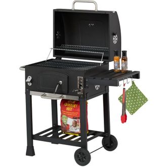 Relaxdays Holzkohlegrill Grillwagen, mit Deckel, BBQ-Grill mit Rädern, höhenverstellbar, Gartengrill xxl, schwarz/silber - Relaxdays