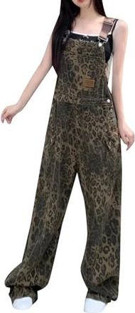 Generic Salopette en jean imprim&eacute; l&eacute;opard pour femme - Salopette en jean &agrave; bretelles r&eacute;glables pour femme - Salopette d&eacute;t&eacute; ample &agrave; bretelles larges avec poche