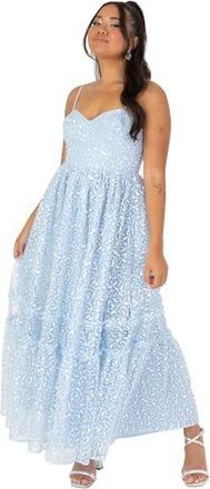 Maya Womens Ladies Midi Dress Sleeveless V-Neck Cami Sequin Embellished Embroidered Ruffles for Wedding Guest Prom Ball Gown, Robe Femme, Blue