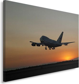 Feeby Wandbild - 1 Teilig - 70x100 cm, Leinwand Bild Leinwandbilder Bilder Wandbilder Kunstdruck, FLUGZEUG, TRANSPORT, SONNENUNTERGANG, GRAU