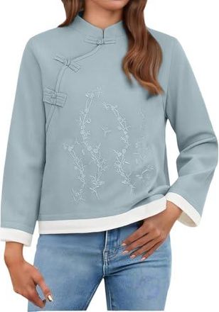 Generic Hauts en coton et lin pour femme - Broderie florale vintage - Bouton grenouille chinoise - Manches 3/4 - Chemises d&eacute;contract&eacute;es, bleu, 4XL