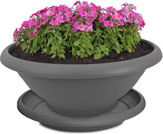 Matches 21 Pflanzkübel und Untersetzer als wetterfeste Pflanz-Schale mit Loch - runder 50 cm Pflanztopf in grau als frostsicherer Blumenkübel für außen - großer 