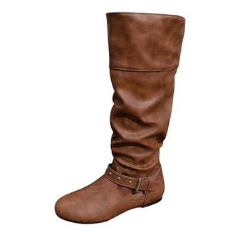 Generic Bottes r&eacute;tro pour femme/hiver : bottes hautes avec sangle, boucle, bout rond et bande d&eacute;corative 42 femme, marron, 36 EU