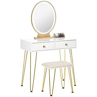 HOMCOM Coiffeuse Table de Maquillage Moderne - Miroir LED r&eacute;glable int&eacute;gr&eacute; - Tabouret Inclus - Pied en m&eacute;tal dor&eacute; - 2 tiroirs + 1 Organisateur Blanc