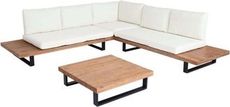 Hhg Neuwertig] Garten-Garnitur HHG 641, Garnitur Sitzgruppe Lounge-Set, Spun Poly Akazie Holz mvg Alu hellbraun, Polster cremewei&szlig;