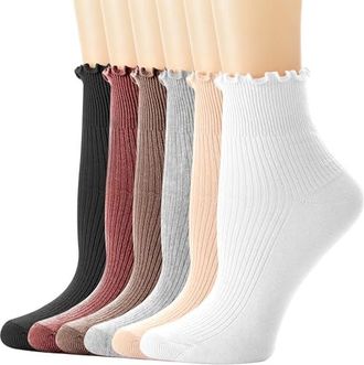 Dreshow 6 Paires Chaussettes à Volants en Coton Tricotées Respirantes pour Femmes - Décontractées de Cheville